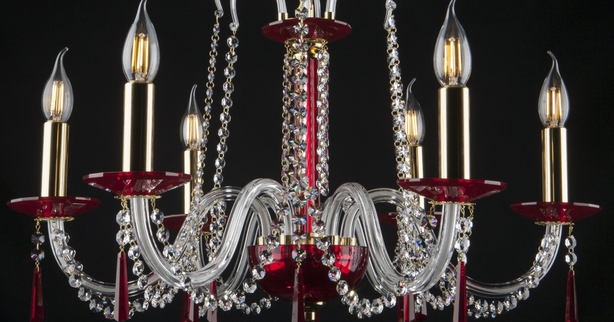 6-arm Red crystal chandelier with ruby crystal hooves | Bohemian glass