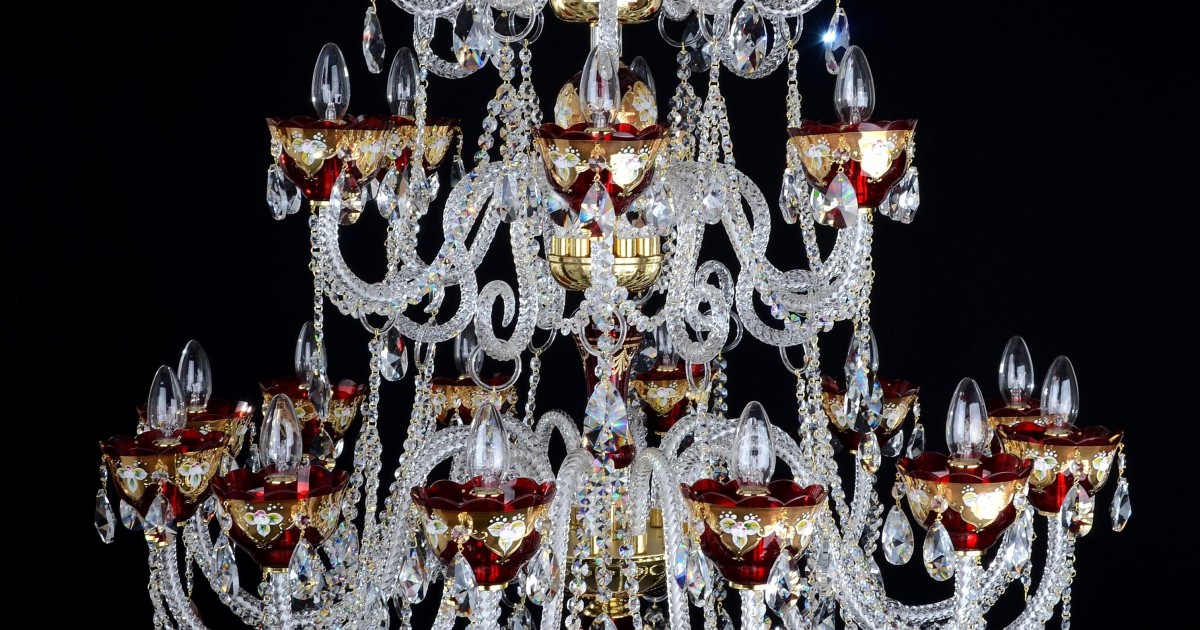 Large 24 Arms Ruby enameled crystal chandelier with HE glass flowers | Bohemian glass